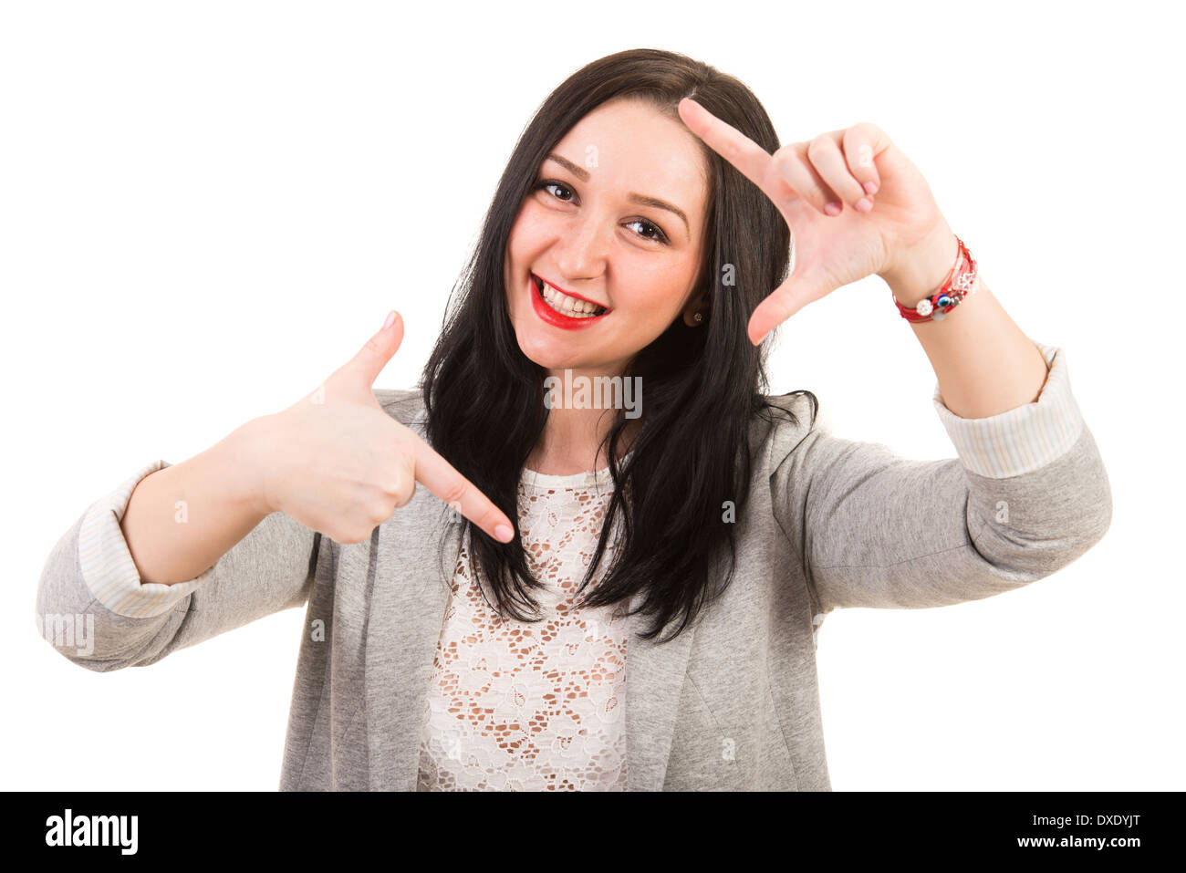 Happy woman frame photo her smile with fingers isolated on white ...