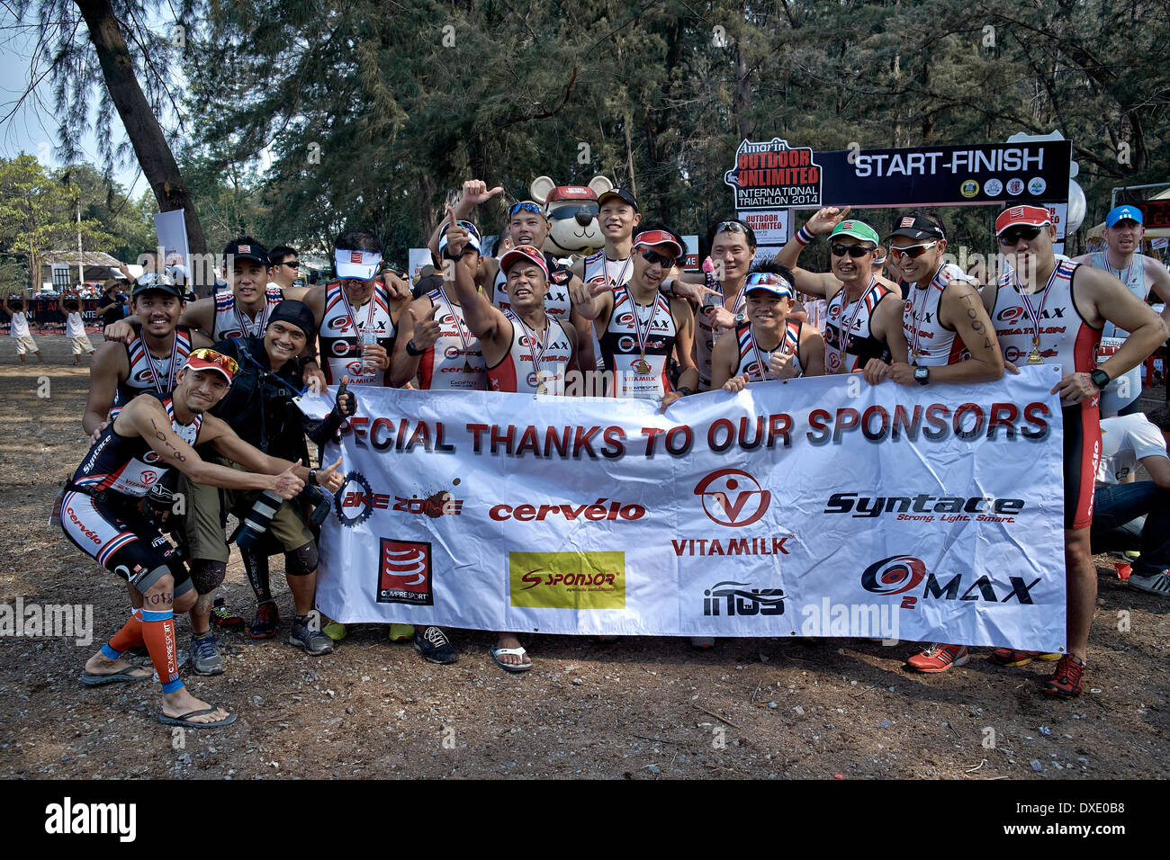 Team athletes. Victorious group of Triathlon competitors. Thailand S. E ...