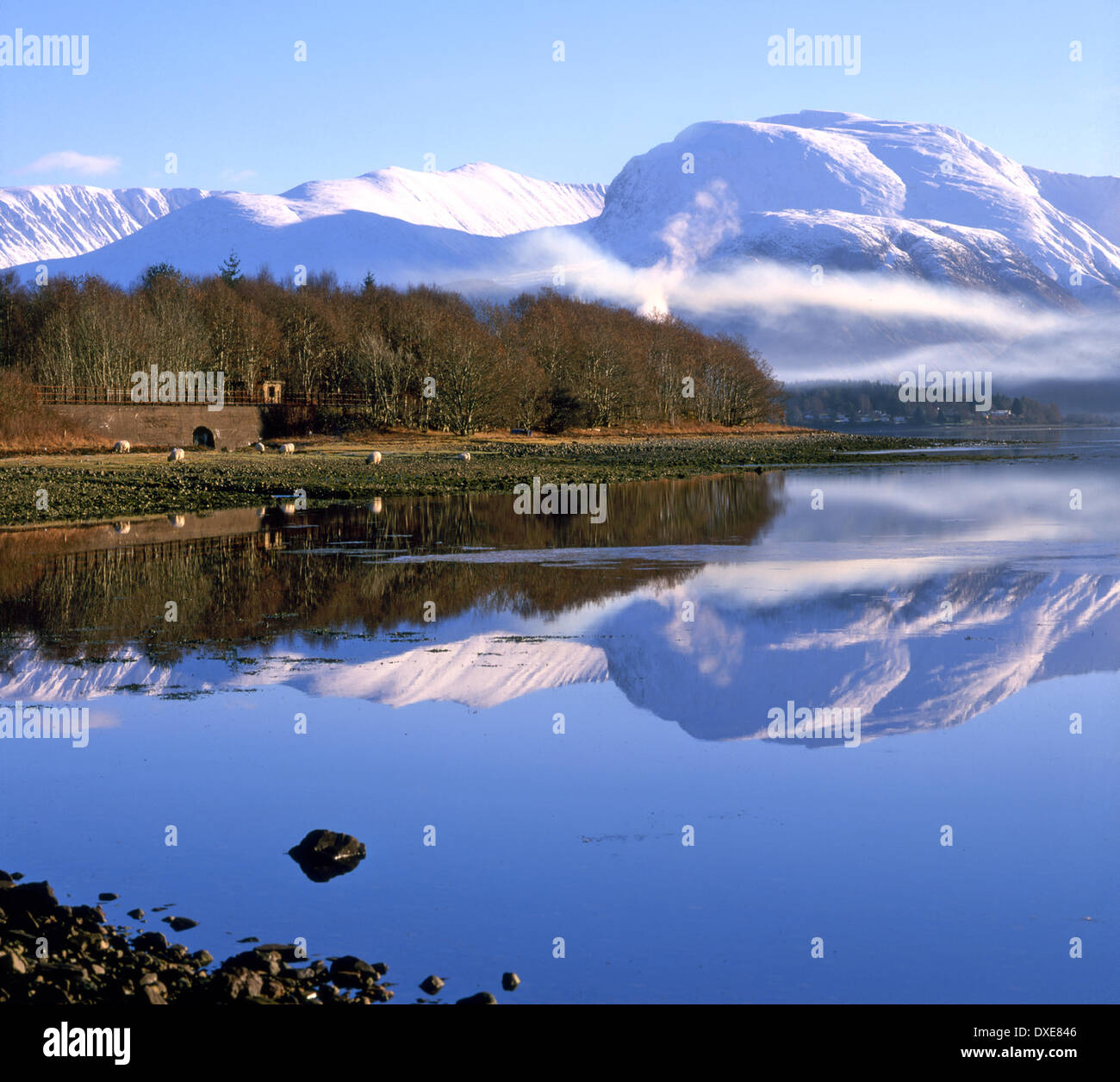 Winter reflections on Loch eil with Ben Nevis in view, Lochaber ...