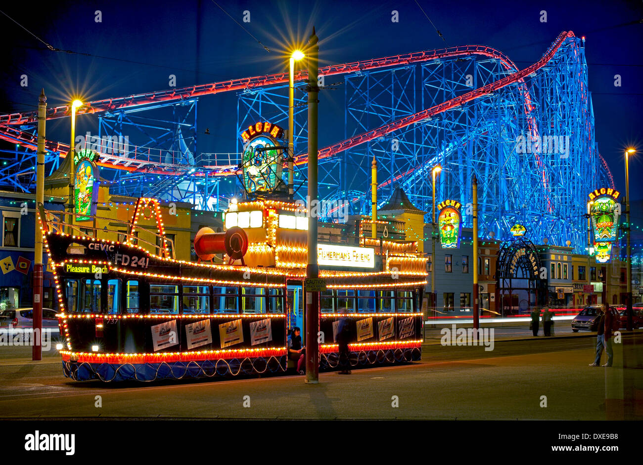 Illuminated Tram at the Pleasure beach, Blackpool, N/W England Stock ...