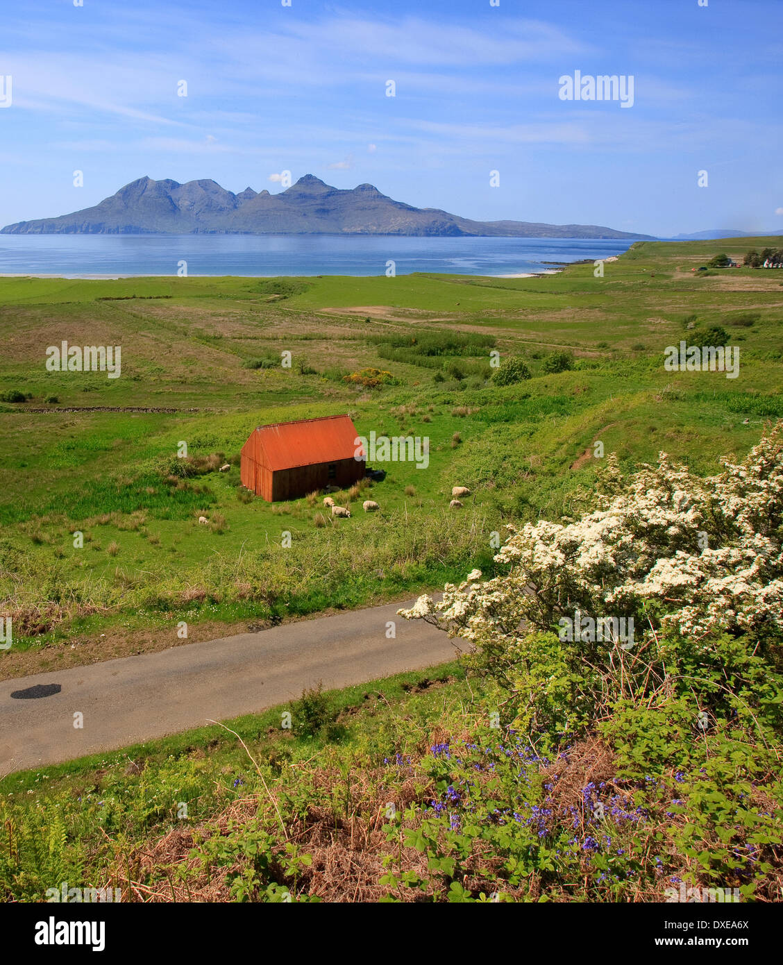 Summer view towards the island of Rum from Eigg, inner Isles Stock ...