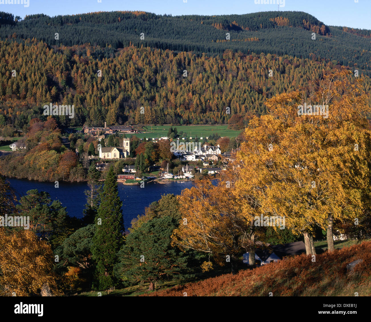 Autumn view towards Kenmore village and Drummond hill, Loch tay ...
