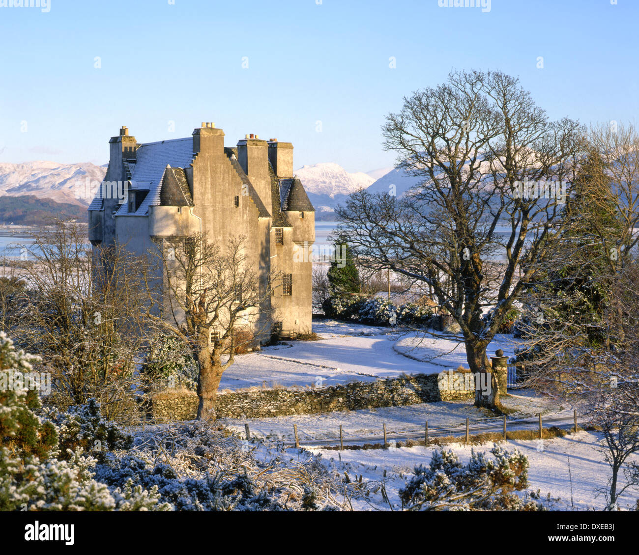 winter scene at Barcaldine castle situated on the shore of Loch Creran ...
