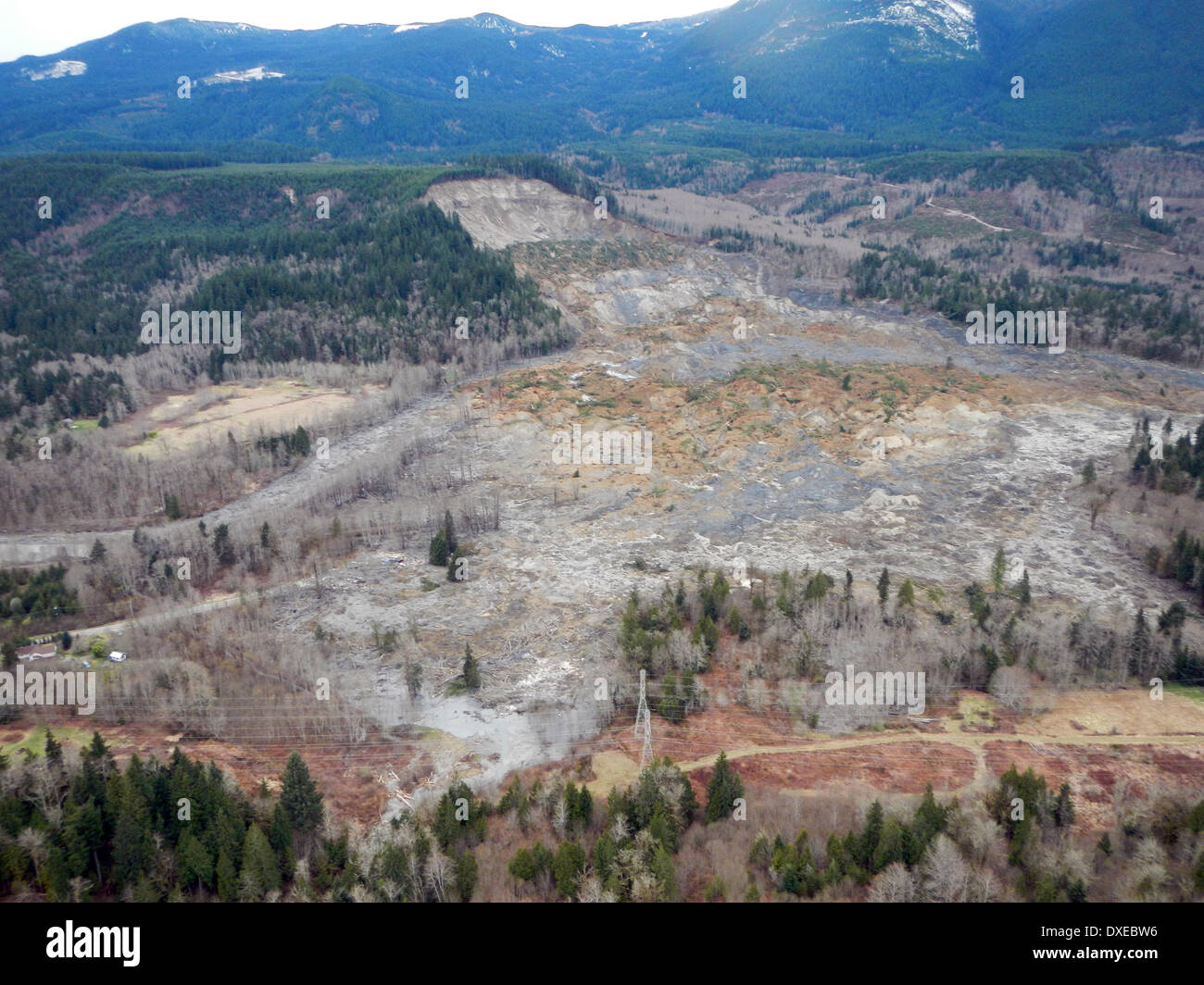 Aerial view of the landslide that blocked the Stillaguamish River ...