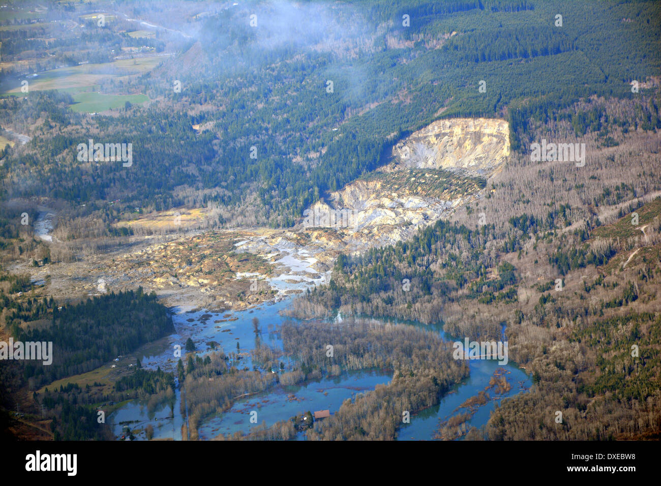 Aerial view of the landslide that blocked the Stillaguamish River ...