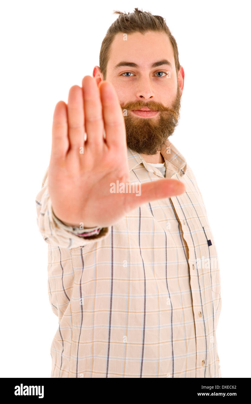 young man making stop with his hand, isolated Stock Photo - Alamy