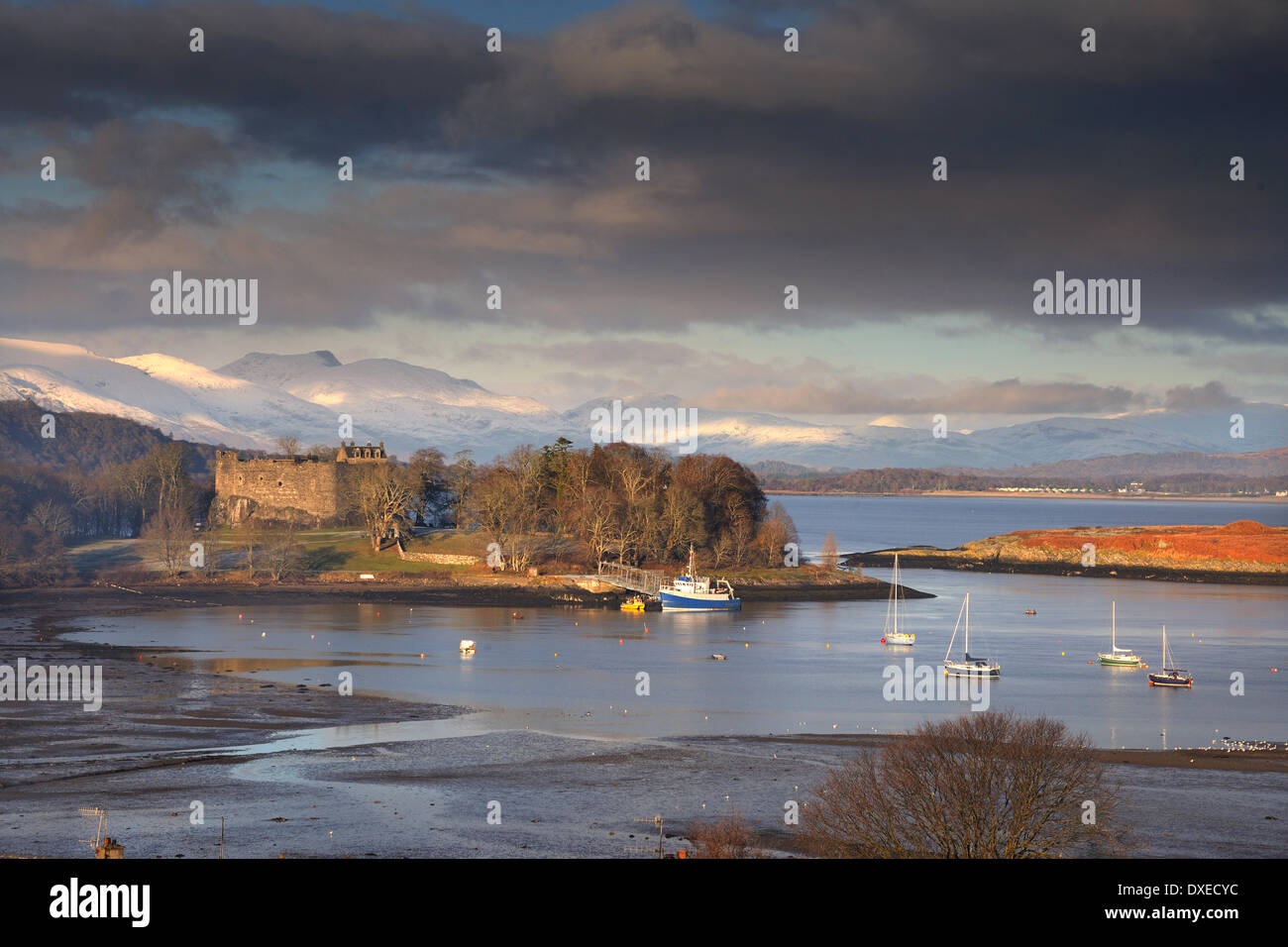 Towards Dunstaffnage castle and the Morvern Hills, Argyll Stock Photo ...