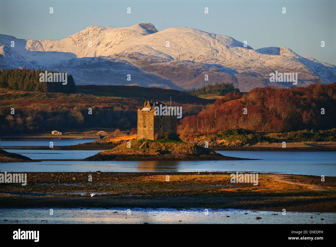 Castle Stalker and the snow covered Morven hills,Appin,Argyll Stock ...