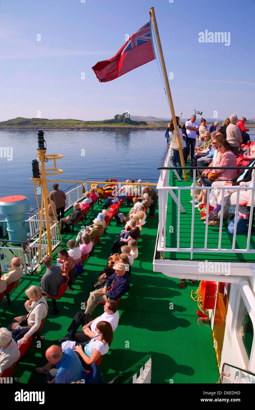 Passengers onboard the Mull ferry pass Duart castle on the island of ...