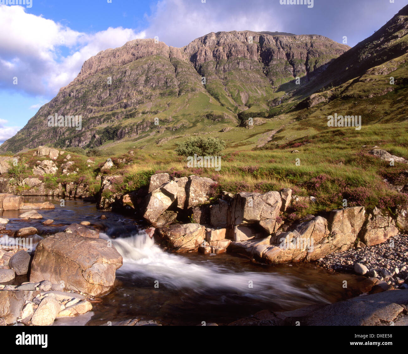 Evening light over the pass of Glencoe, river coe, west highlands Stock ...