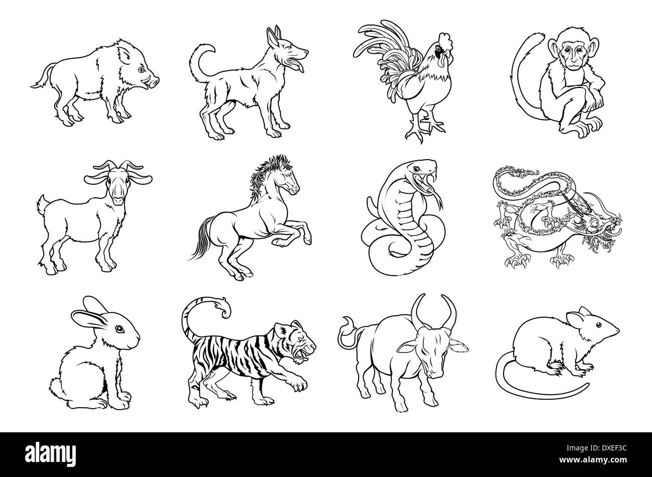 Illustrations of all twelve Chinese zodiac sign icon animals Stock ...