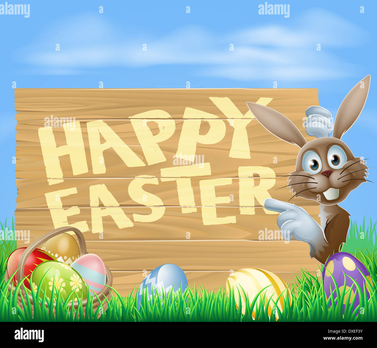 Happy Easter sign with Easter bunny pointing at the wooden sign with ...