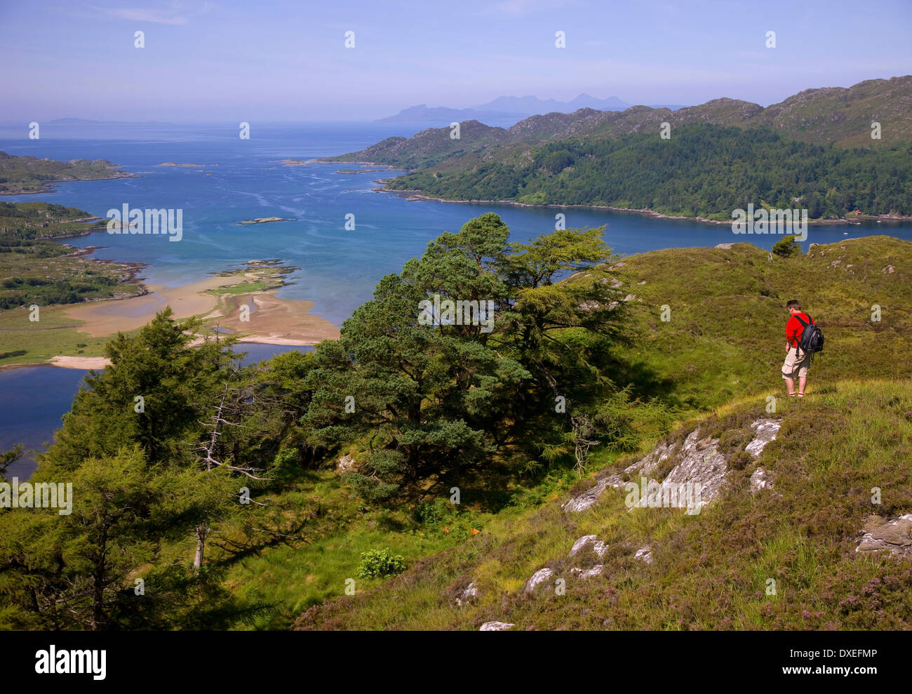 Hiker above Loch Moidart with Rum & Eigg in view Stock Photo - Alamy