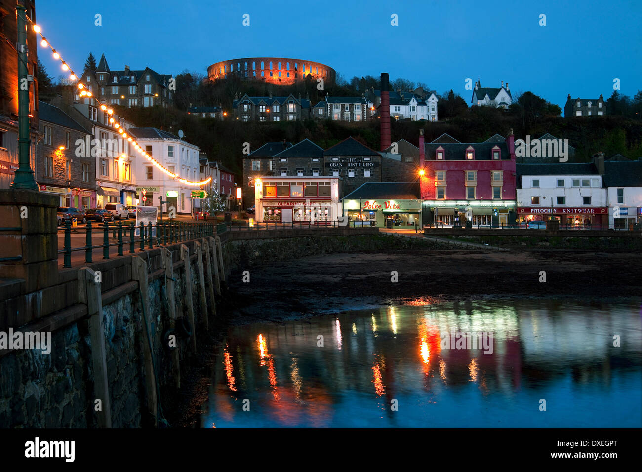 Oban seen at night from the north pier looking towards mcCaigs tower ...