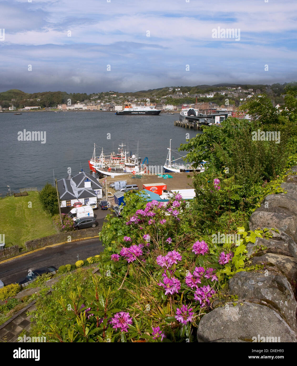 springtime view over oban bay with new ferry Finlaggan at the north ...
