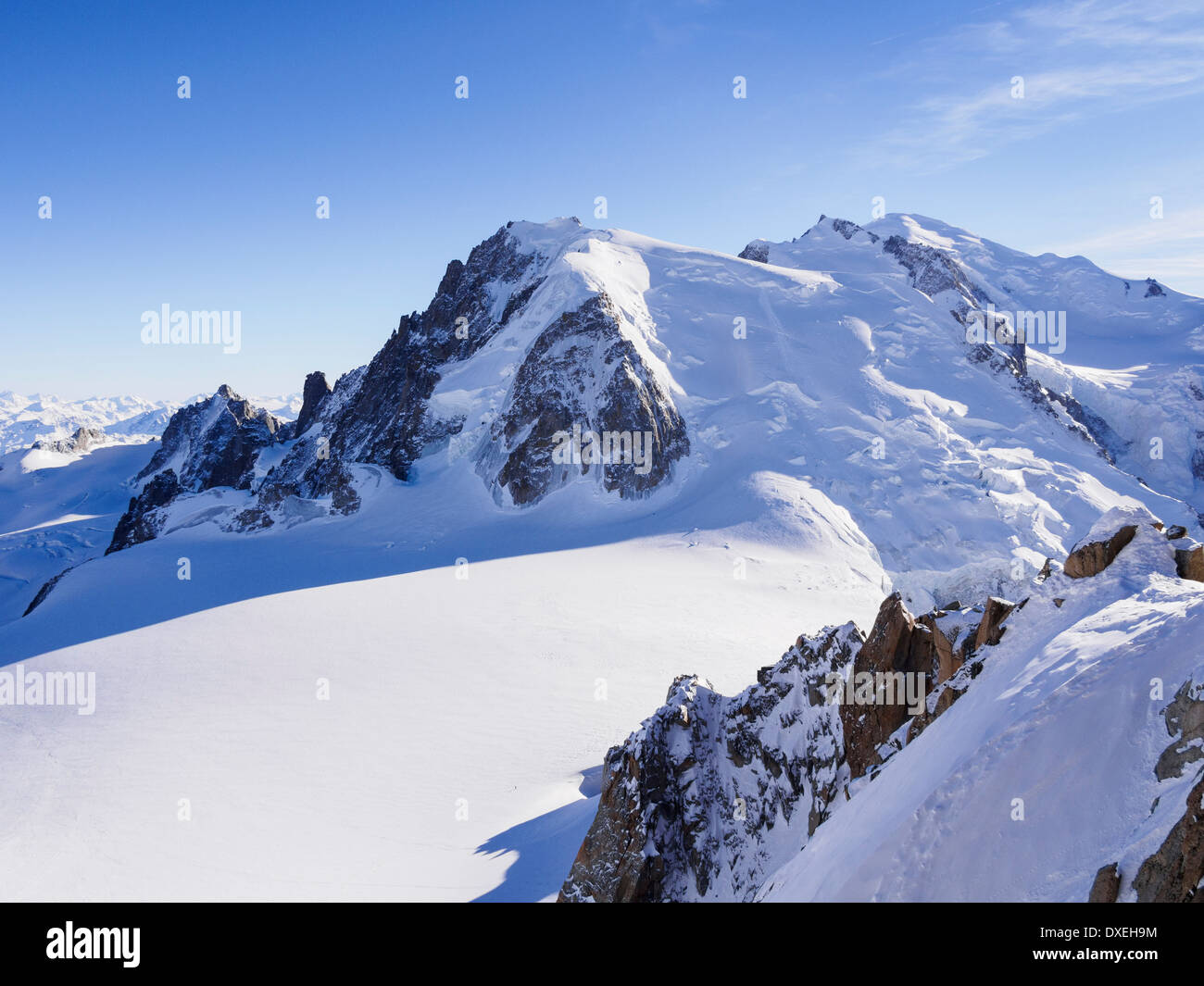 Mont Blanc du Tacul with Mont Maudit and Mont Blanc mountain summits beyond from Aiguille du ...