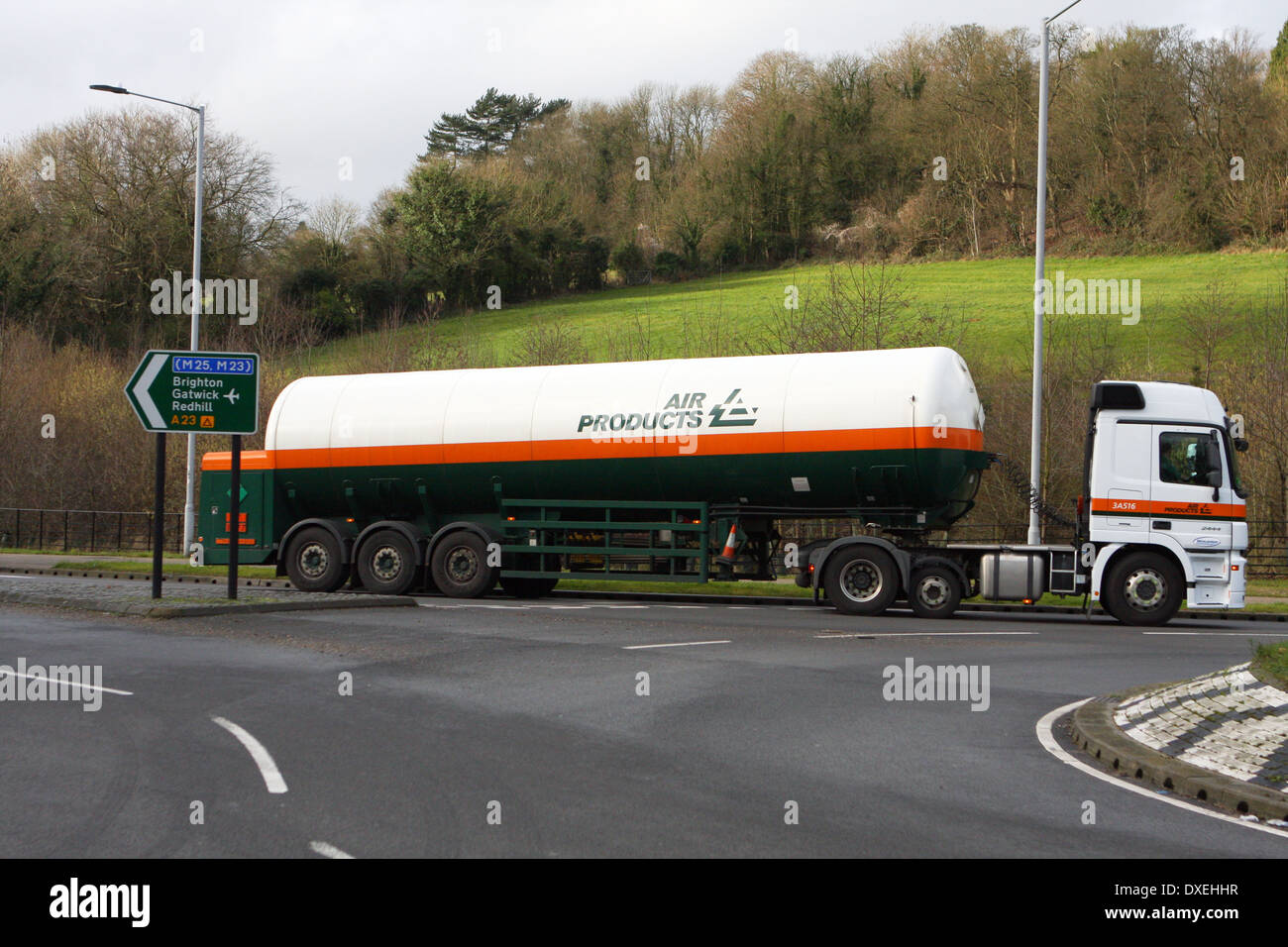 An Air Products truck entering a roundabout in Coulsdon, Surrey ...