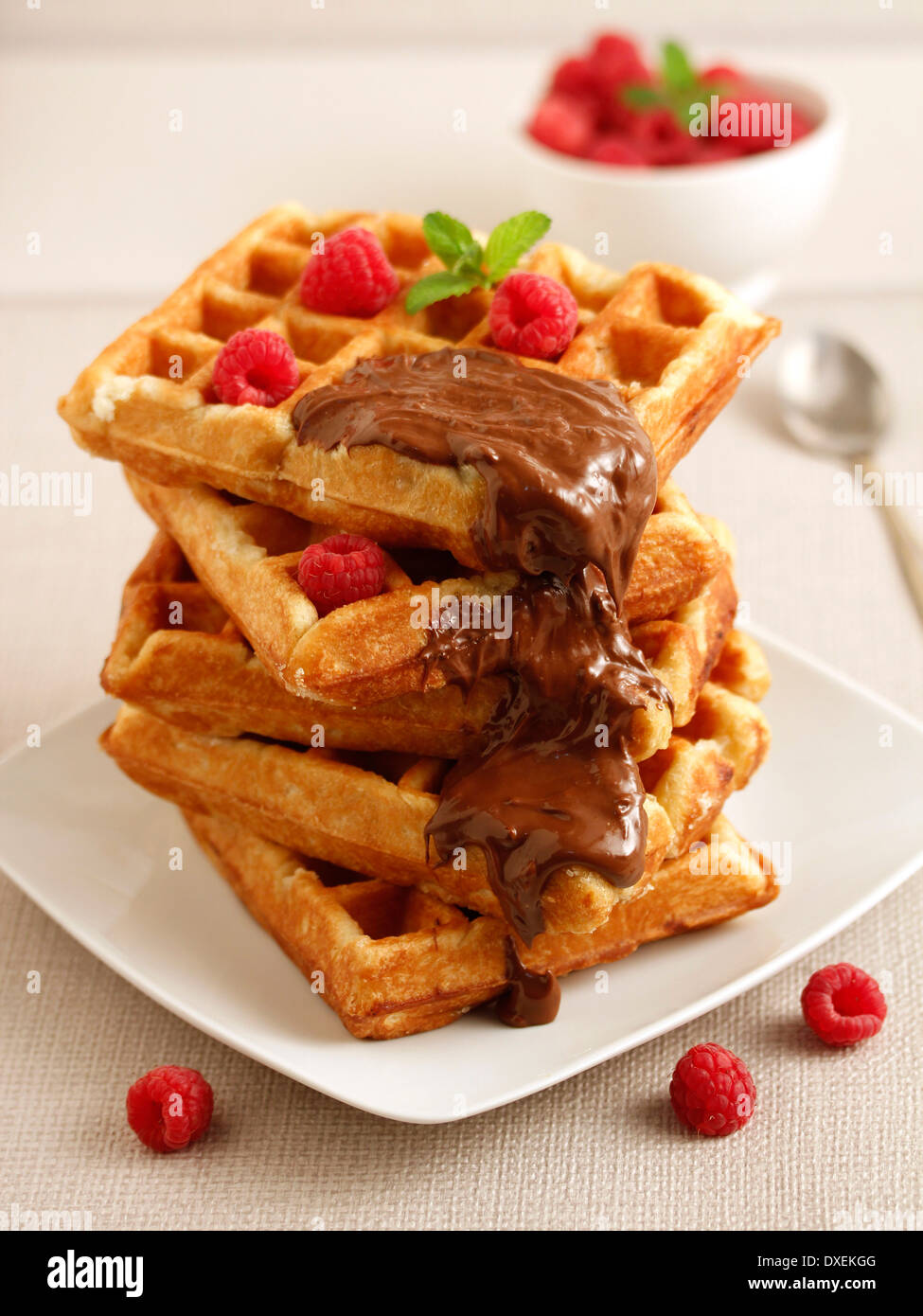 Waffles with chocolate and raspberries. Recipe available Stock Photo ...