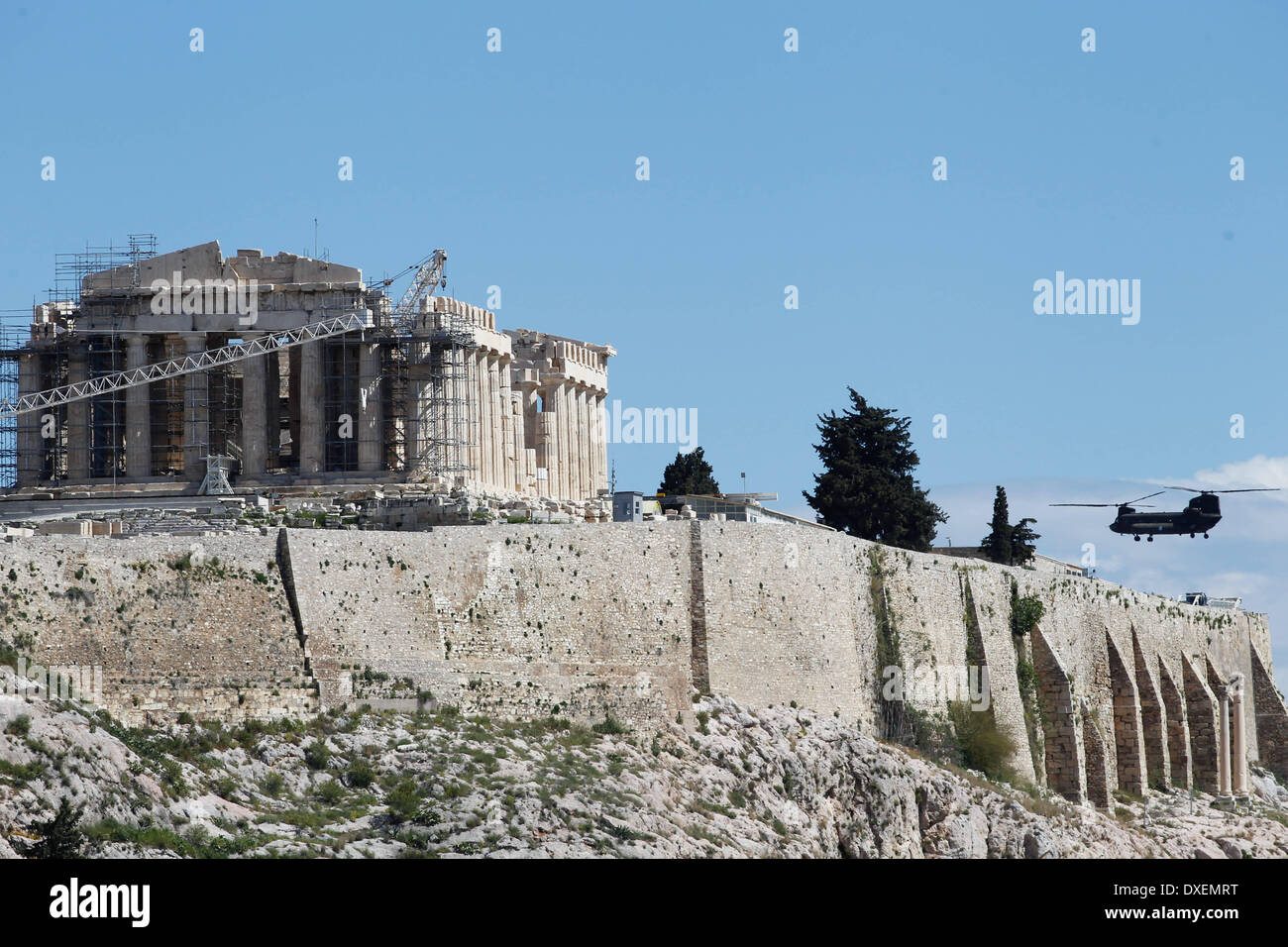 Athens, Greece. 25th Mar, 2014. Military helicopters fly over the ...