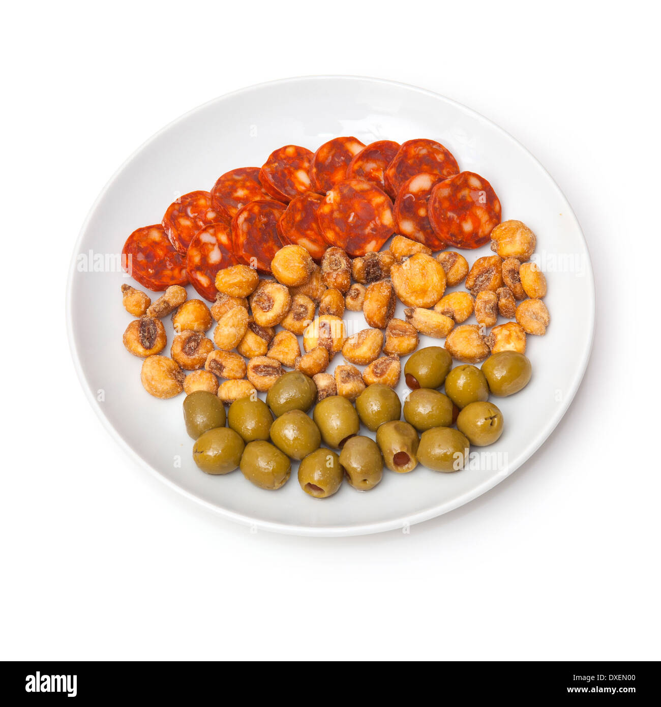 Plate of Spanish Tapas, Chorizo sausage, Salted Jumbo Corn, Pimento ...
