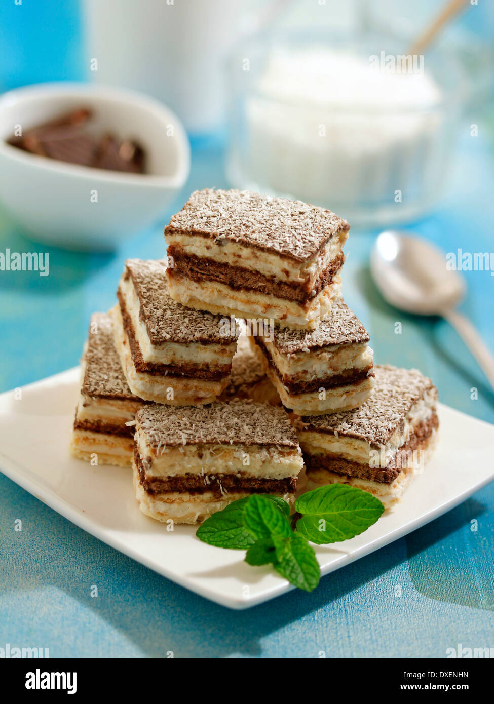 Sponge cake with chocolate and cheese. Recipe available Stock Photo - Alamy