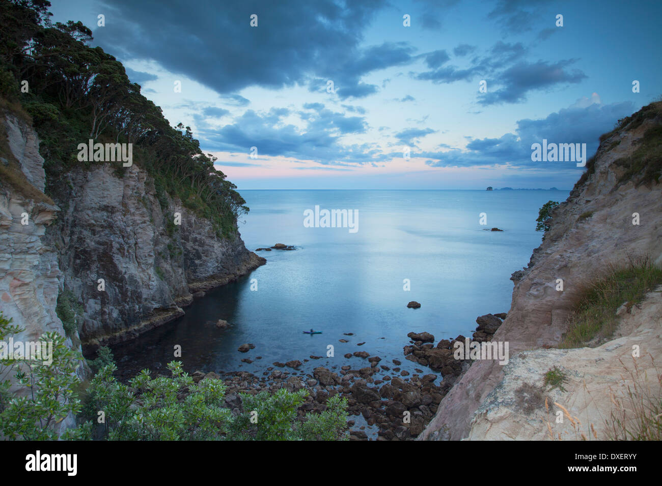 View of cliffs of Te Pare Point at dusk, Hahei beach, Coromandel ...