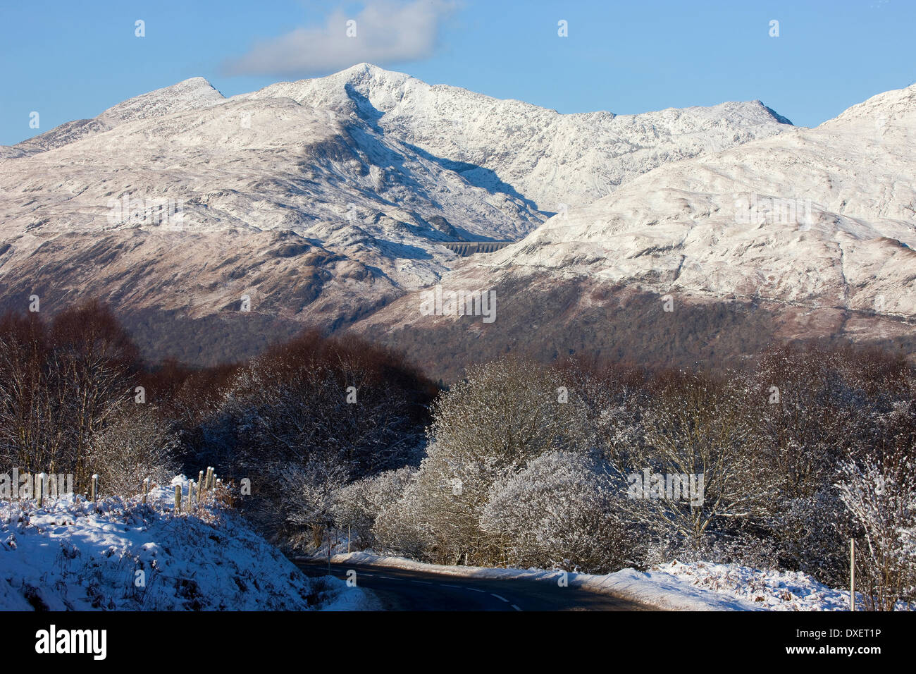 Snow covered Ben Cruachan and hydro electric Dam,from the south, Loch ...