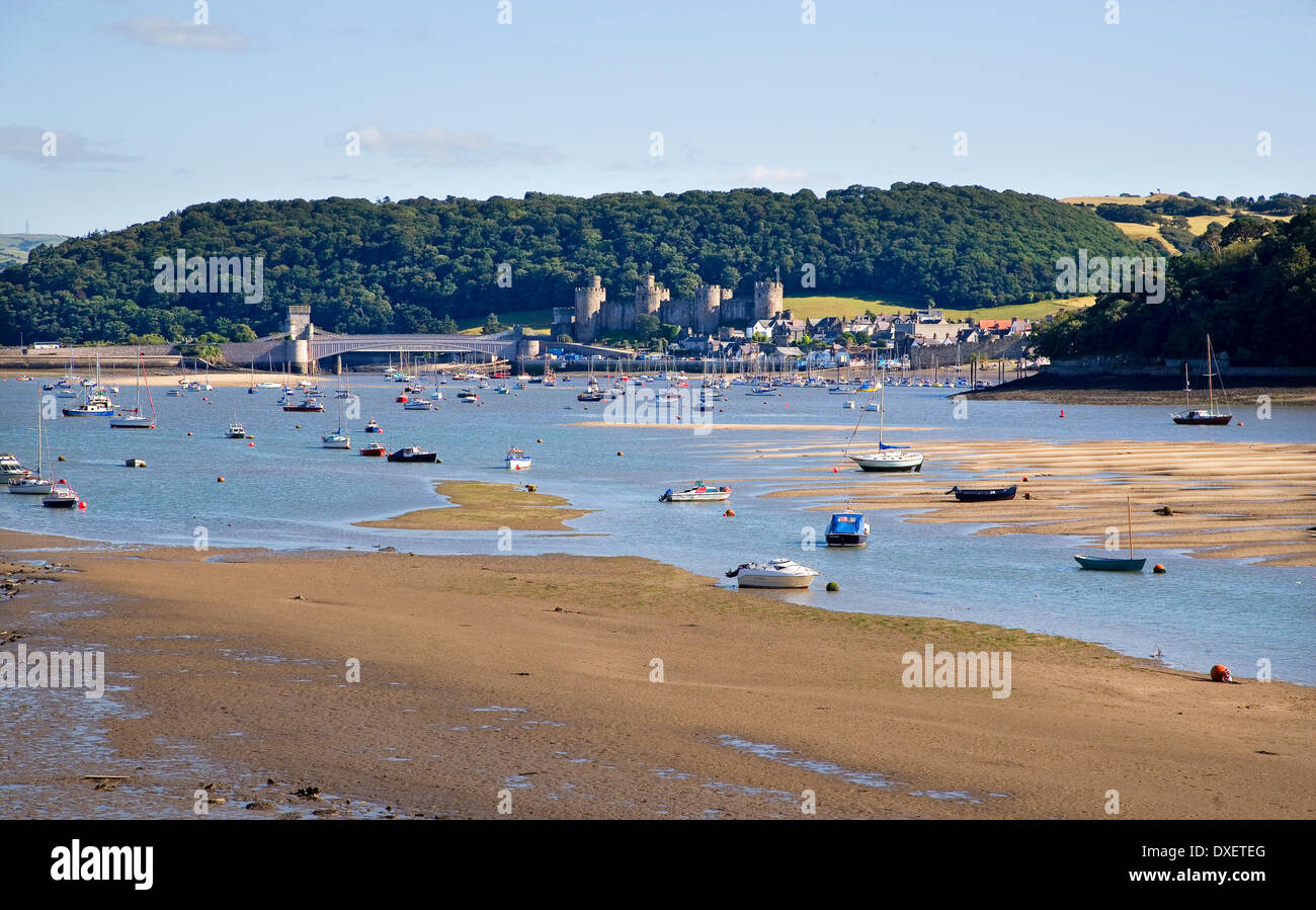View across the Conwy estuary towards Conwy castle and town.North Wales ...