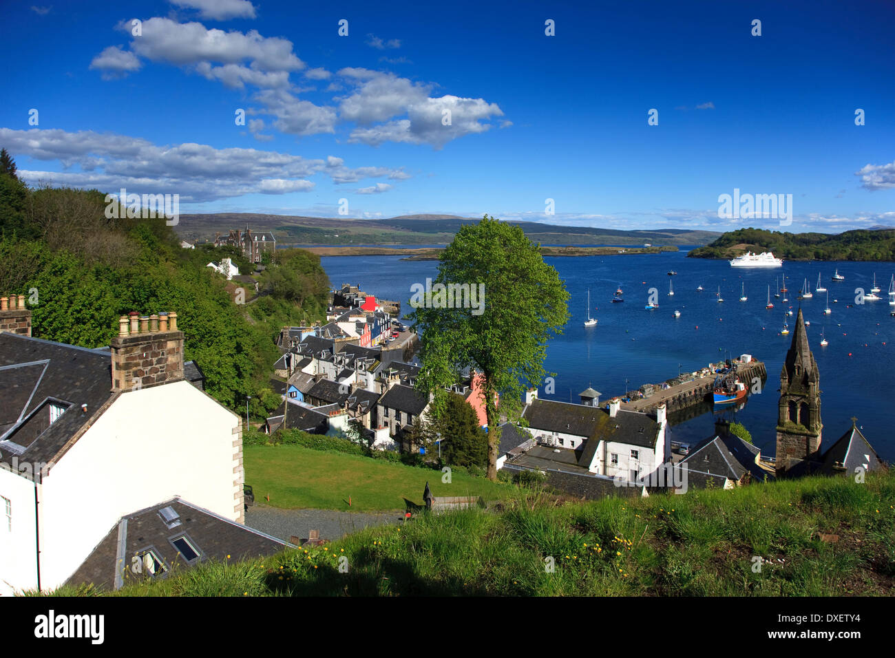 An unusual view across tobermory bay from the west with pier and cruise ...