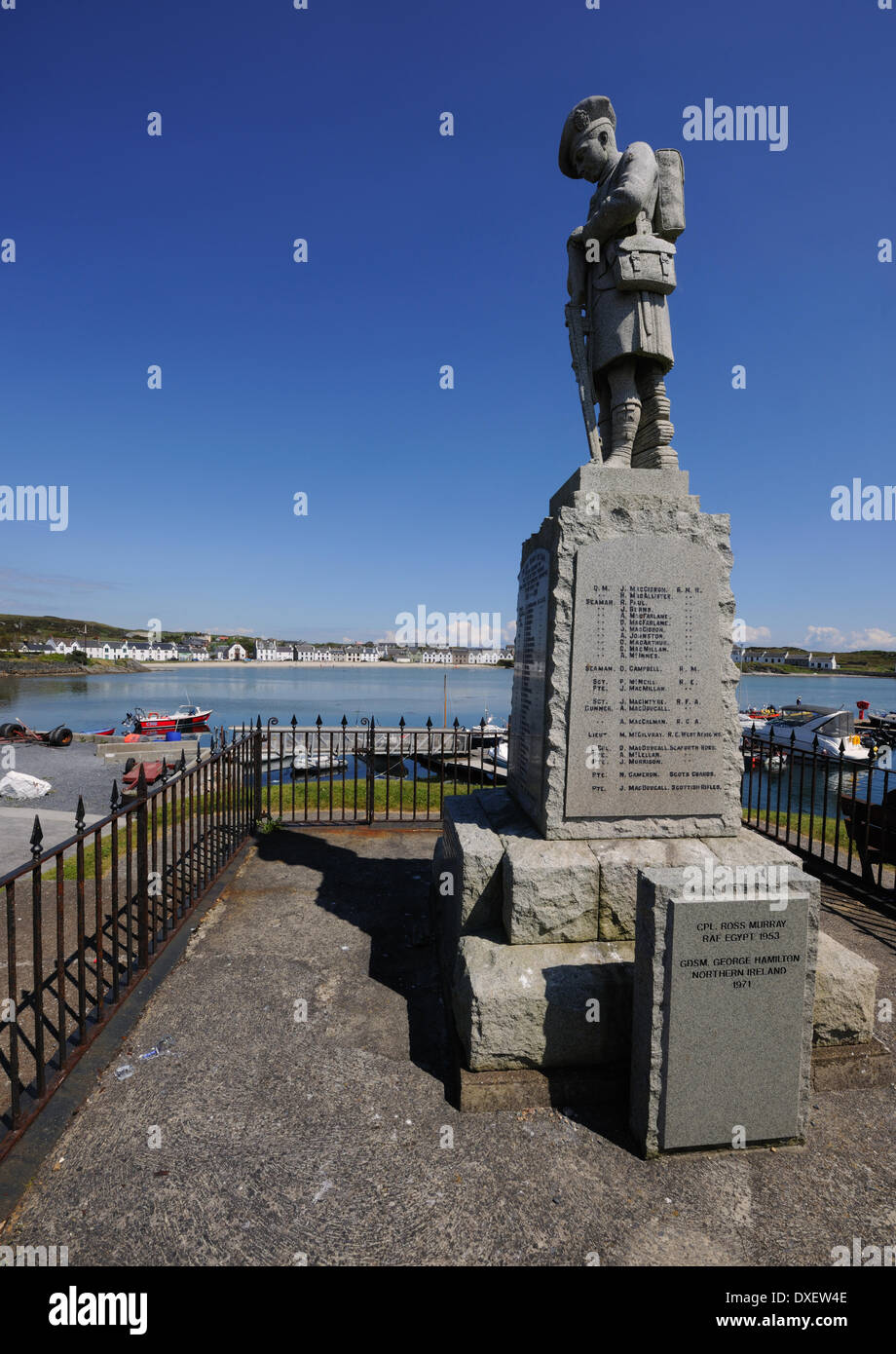 War memorial in Port Ellen village overlooking the harbour.Island of ...
