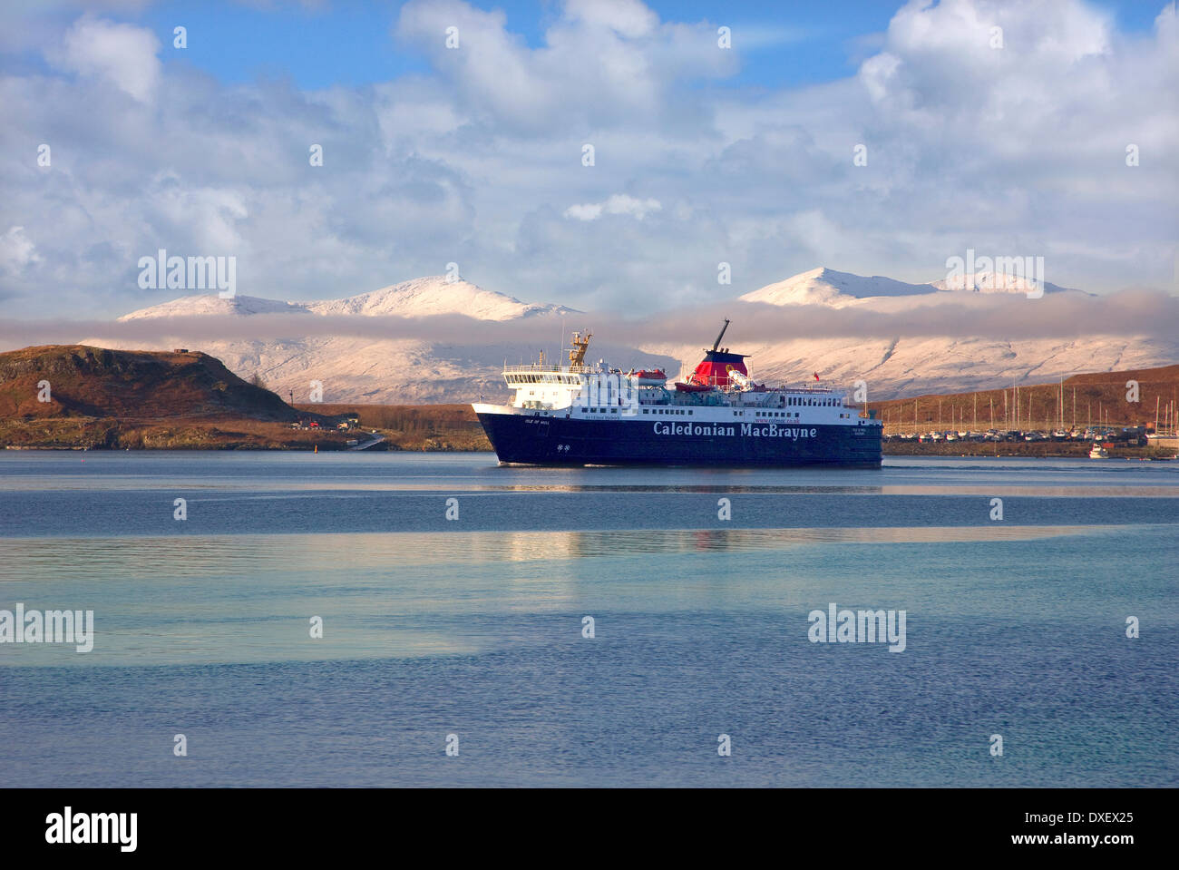 Winter view of the MV Isle of Mull ferry in Oban Bay, with the islands ...