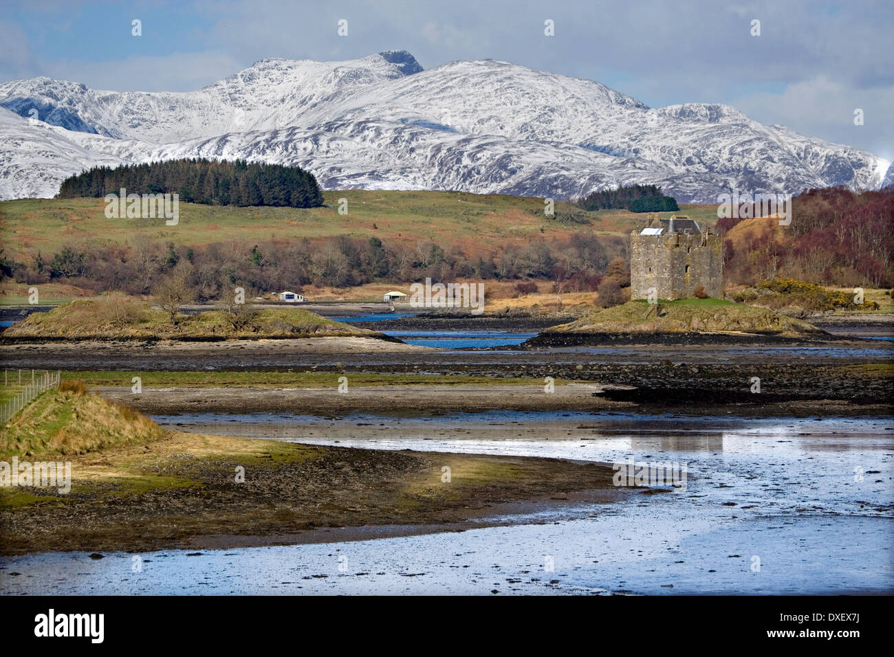 View towards Castle Stalker and the Morvern Hills, Appin, Argyll Stock ...