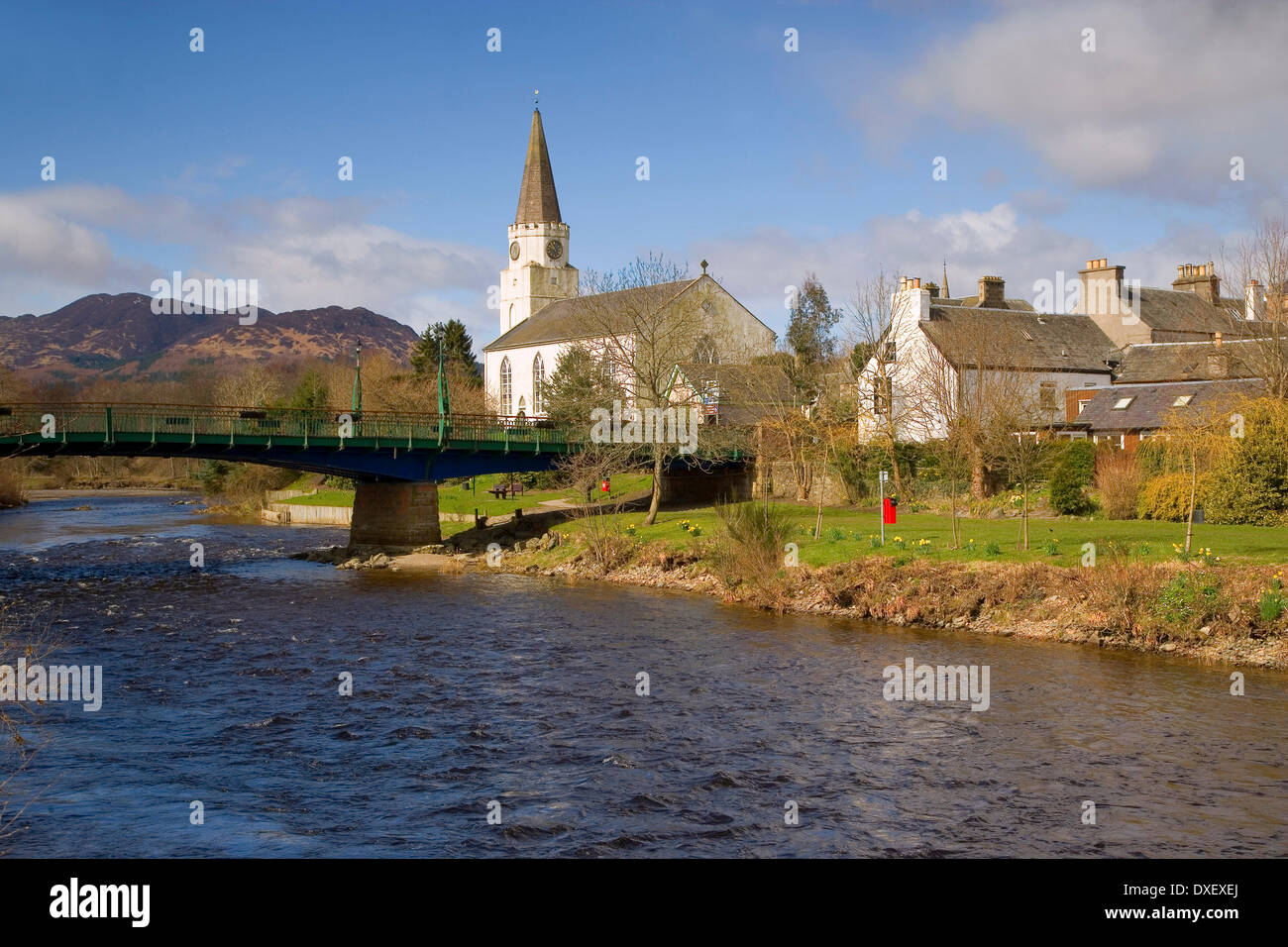 Comrie village from the across the river Earn, Perthshire Stock Photo ...