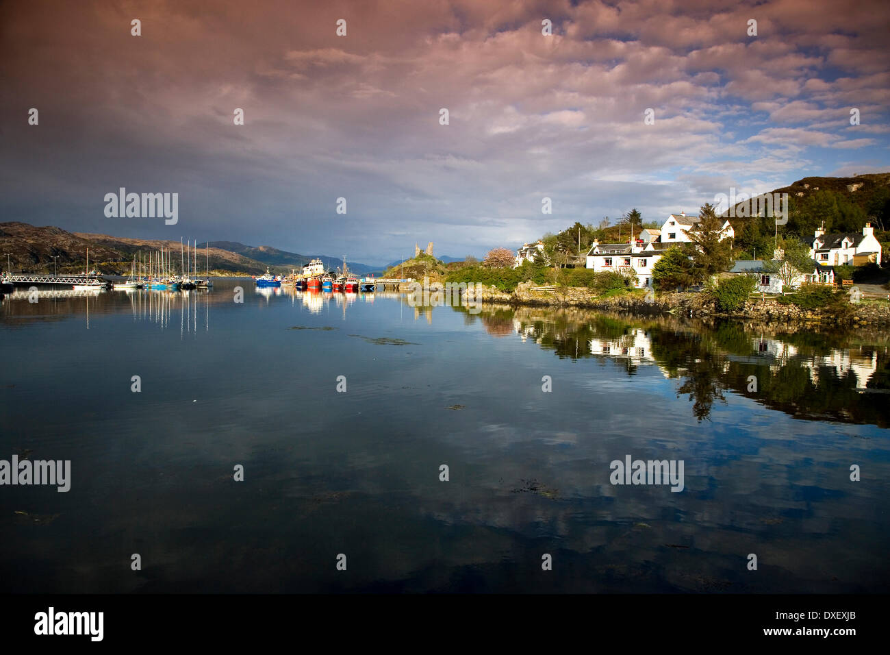 Peaceful reflections at Kyleakin with Maol castle in view, Isle of Skye ...