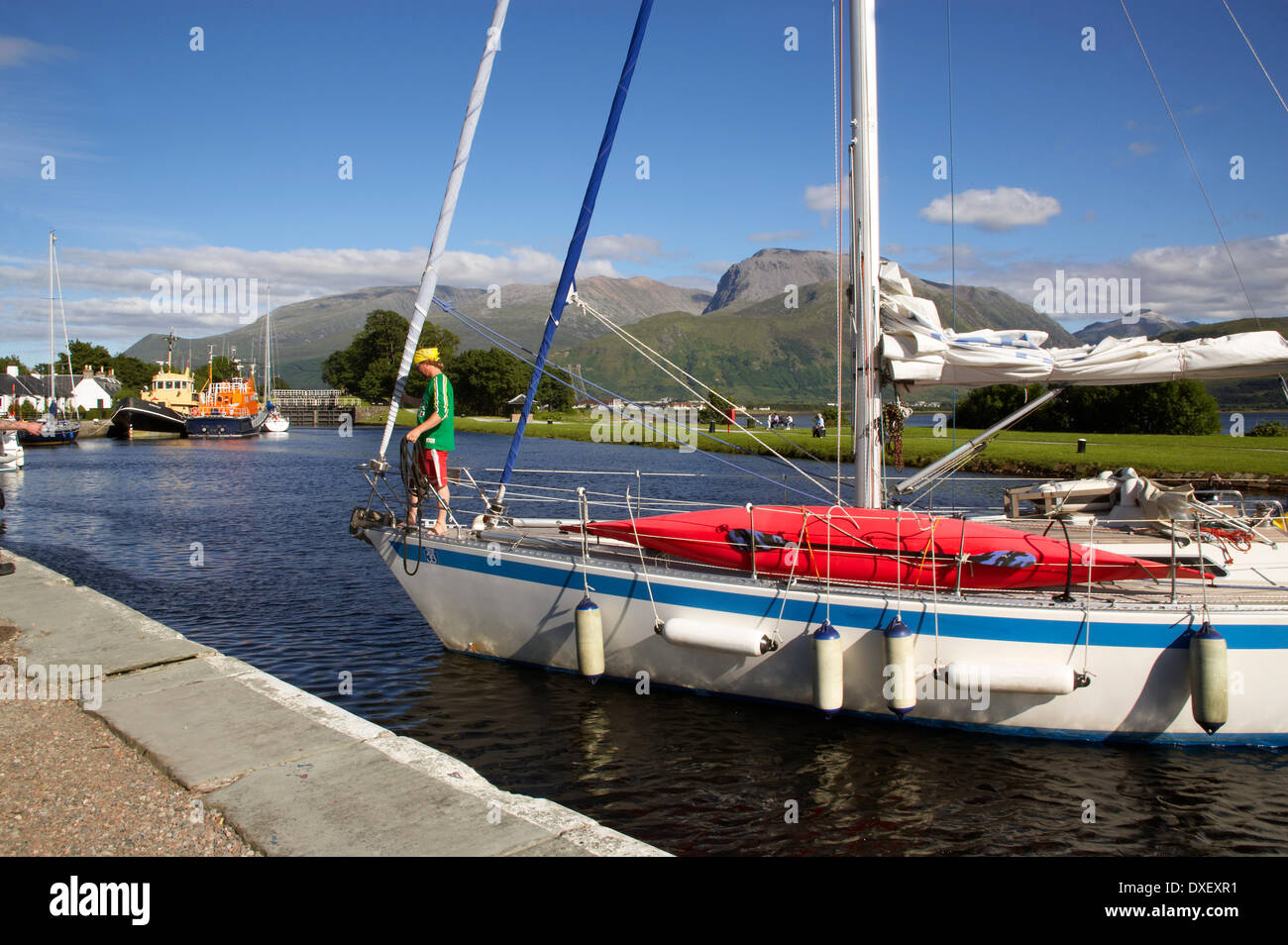 A norwegian yacht arrives at Corpach canal basin lochaber with Ben ...