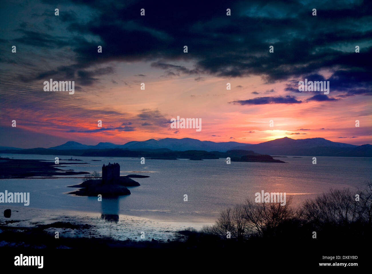 Sunset over Castle Stalker, Lismore and Morvern ,Appin, Argyll Stock ...
