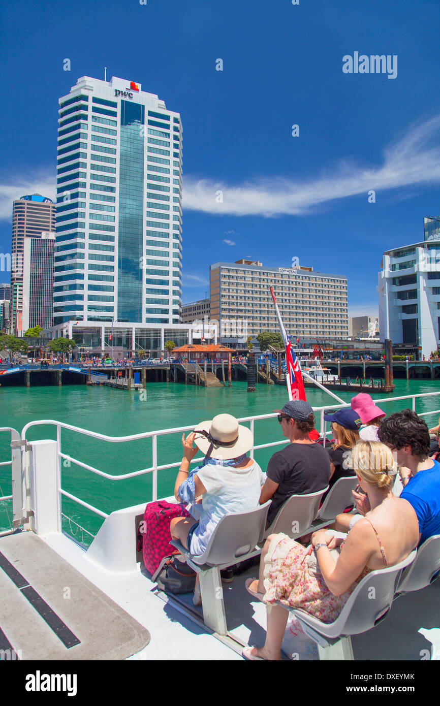 Passengers on ferry departing Waitemata Harbour, Auckland, North Island ...