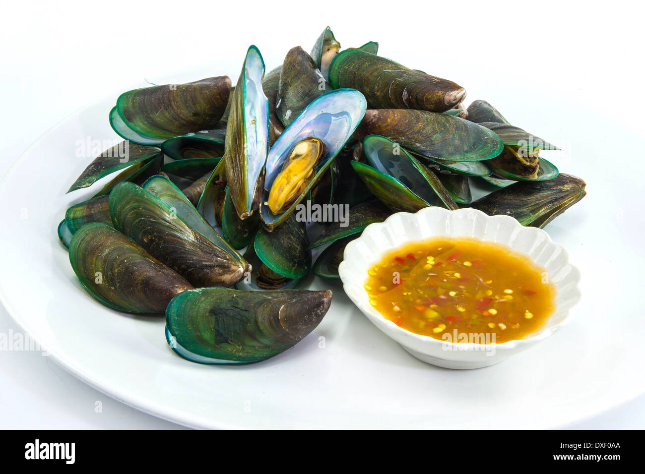 Steam mussel on white dish with seafood sauce Stock Photo - Alamy