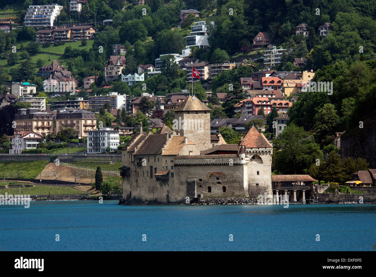 The medieval castle of Chateau de Chillon on the north shore of Lake ...