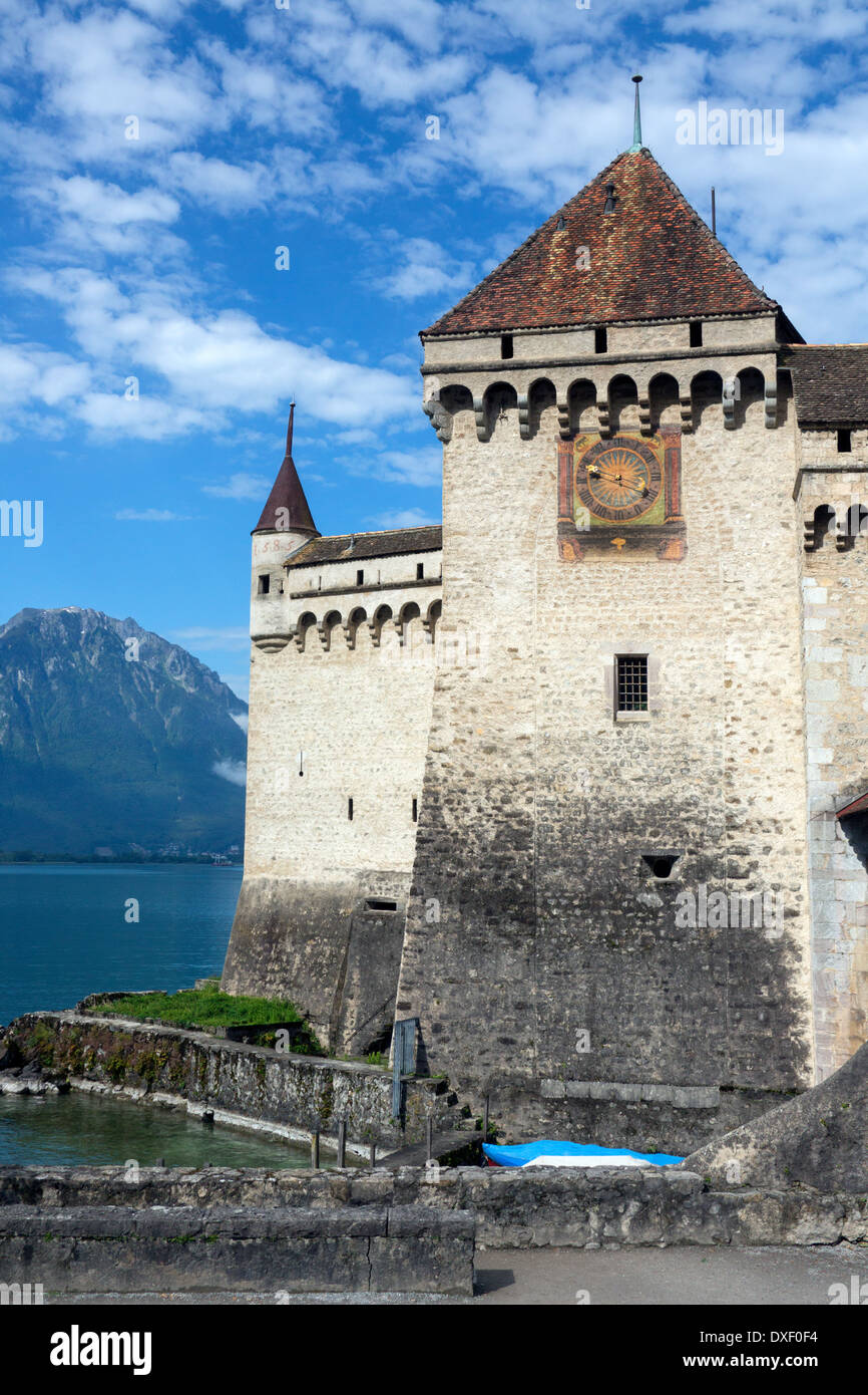 The medieval castle of Ctateau de Chillon on the north shore of Lake ...