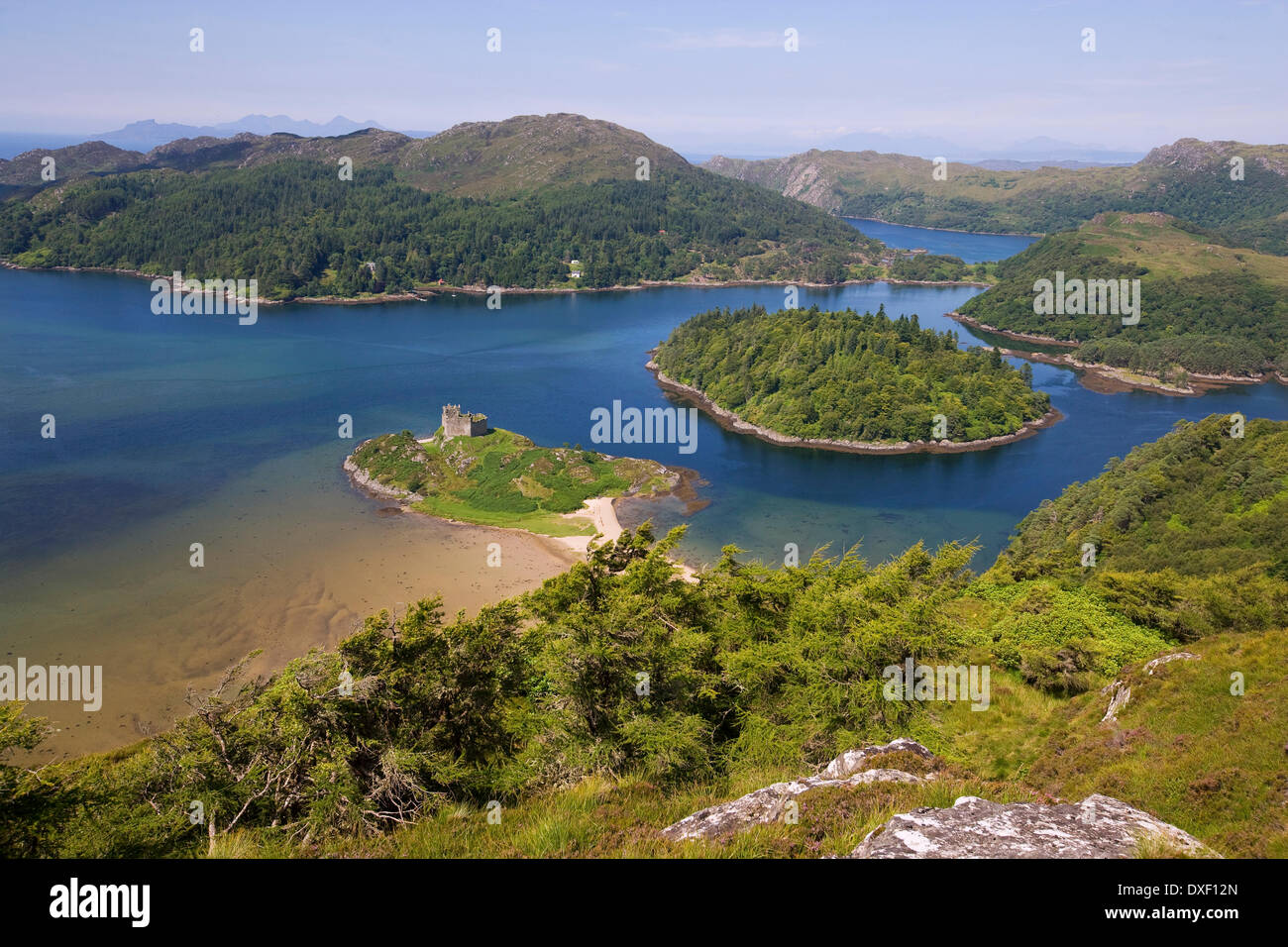 Dramatic view overlooking Castle Tioram & Loch Moidart, N/W Highlands ...
