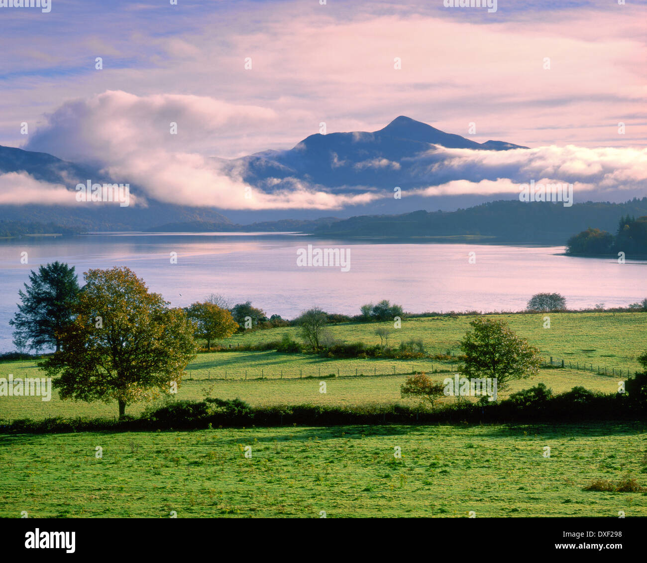 Misty autumn view across Loch Etive towards ben Cruachan from north ...