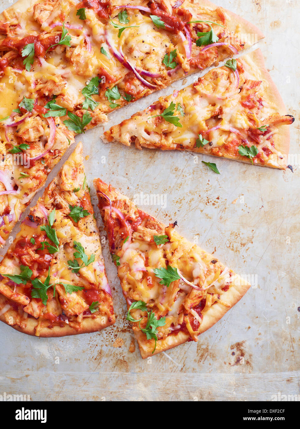 Overhead View of Sliced Pizza with Chicken and Red Onions, Studio Shot ...