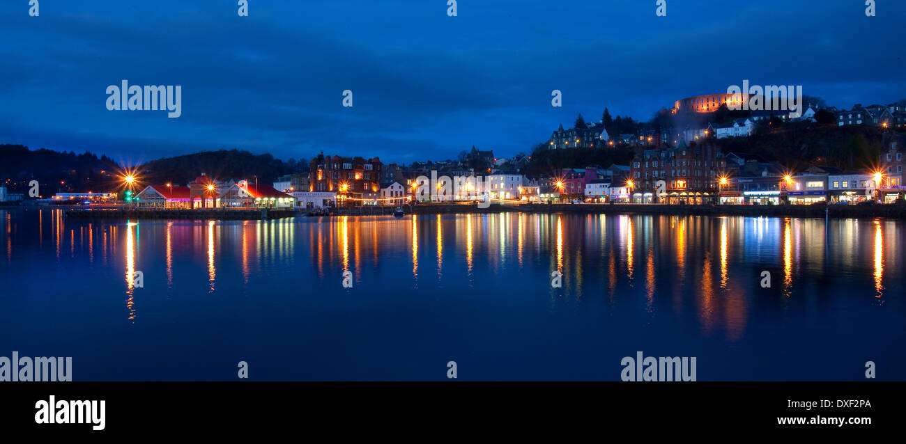 Panoramic view across Oban bay at dusk,Argyll Stock Photo - Alamy