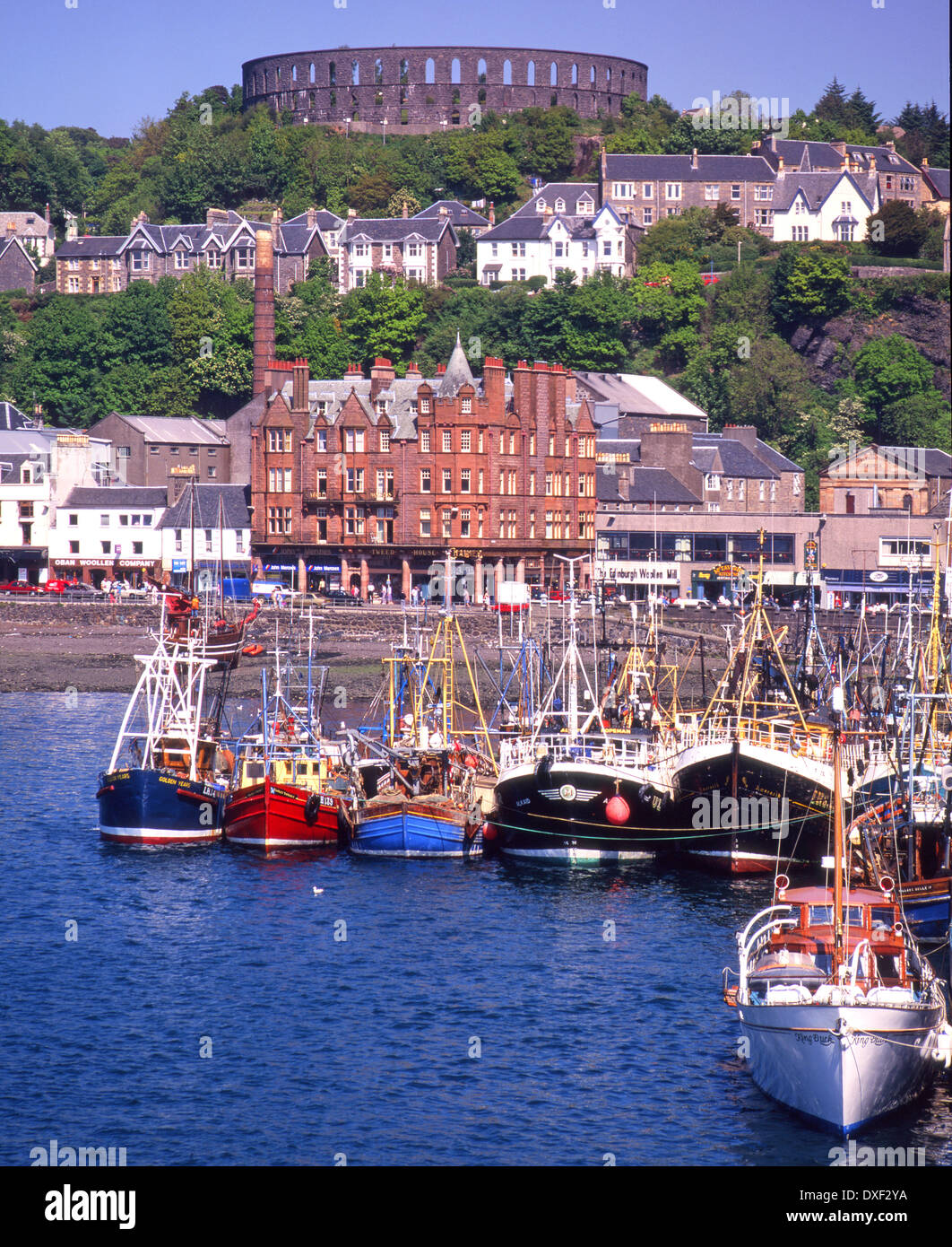 Oban town and mcCaigs tower from the railway pier,Oban,Argyll Stock ...