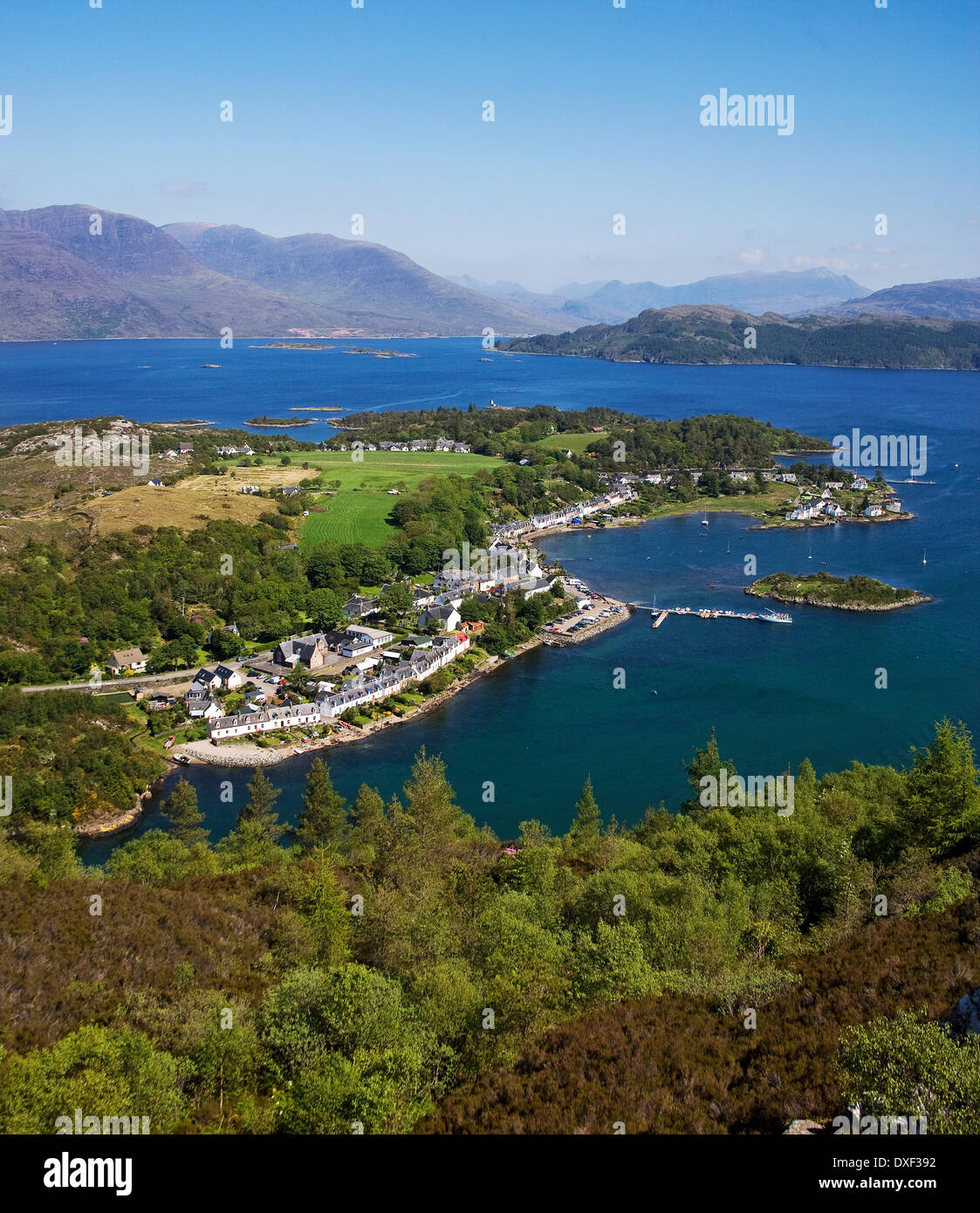 Spectacular view across Loch Carron with Plockton village and the ...