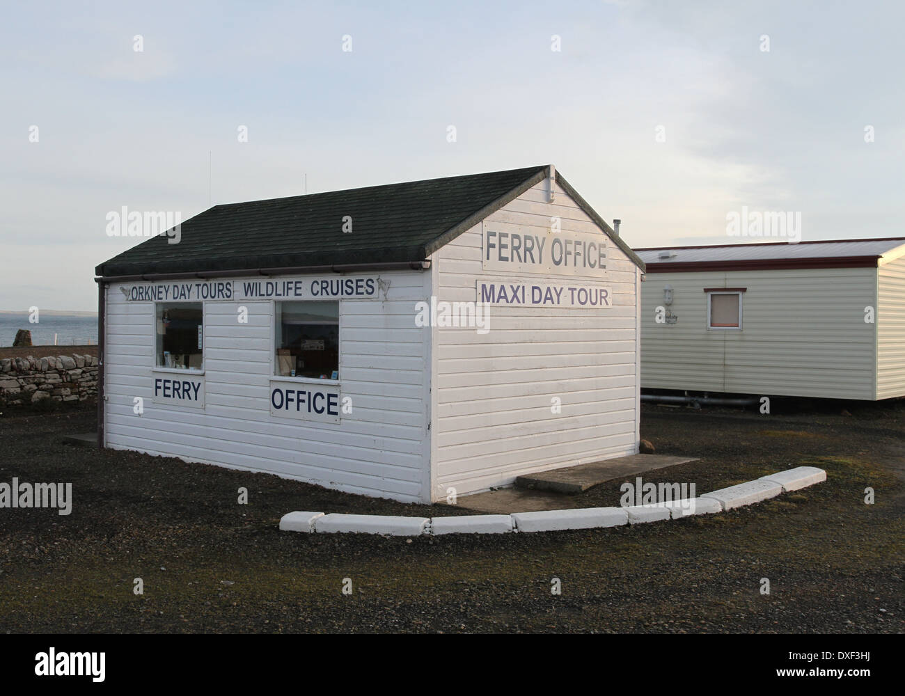 Exterior of Orkney passenger ferry office John O'Groats Scotland March ...