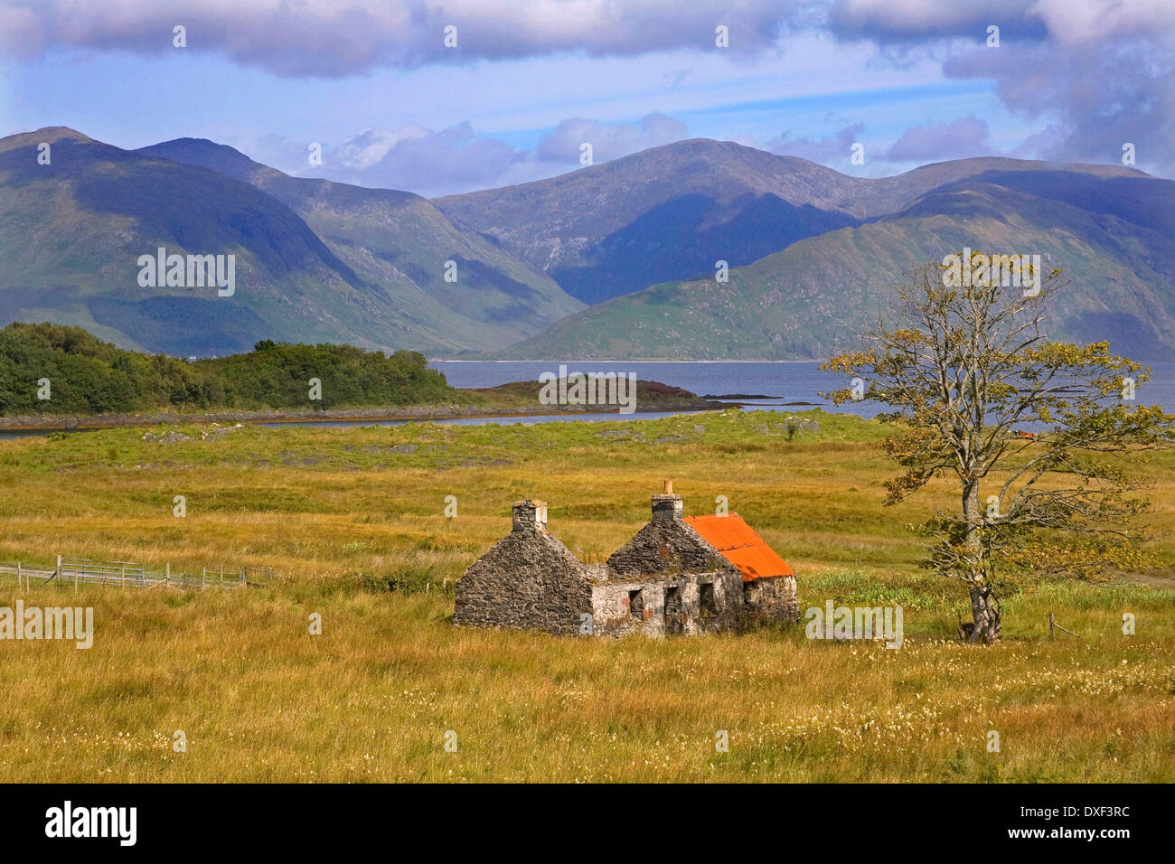 Remote croft, island of Lismore, with the morvern hills and Loch Linnhe ...