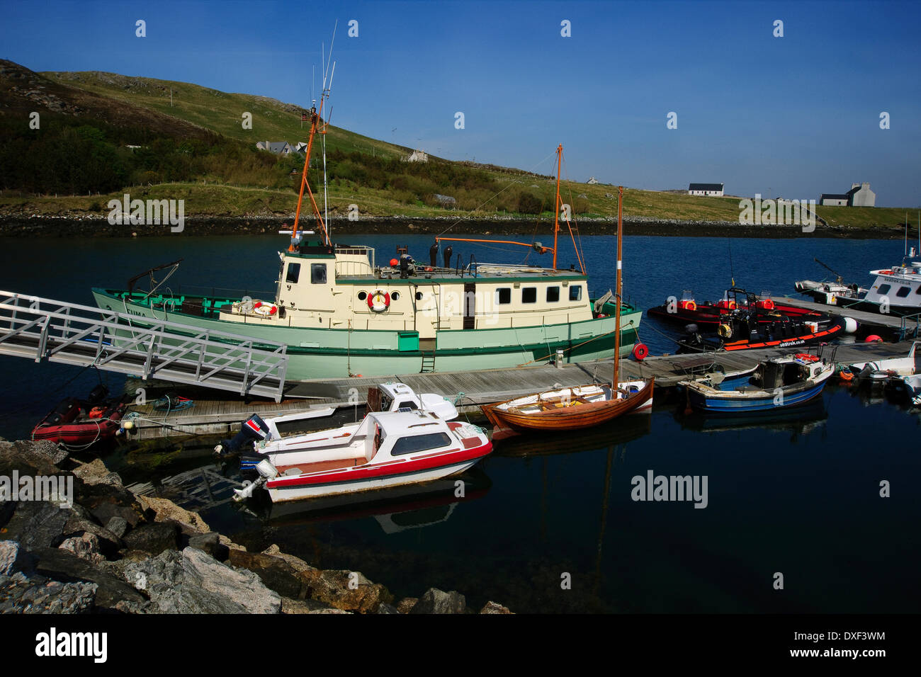 boats at jetty in Loch Miabhaig,loch rog,island of Lewis outer hebrides ...