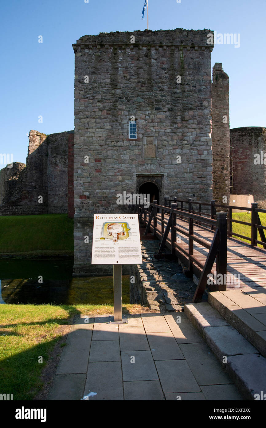 The entrance and moat to Rothesay castle in Rothesay on the island of ...